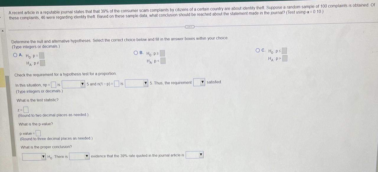 Solved A recent article in a reputable journal states that | Chegg.com