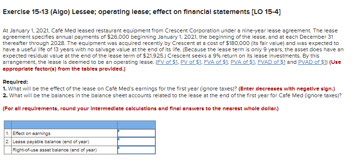 Solved Exerclse 15−13 (Algo) Lessee; operating lease; effect | Chegg.com Solved Exerclse 15−13 (Algo) Lessee; operating lease; effect | Chegg.com