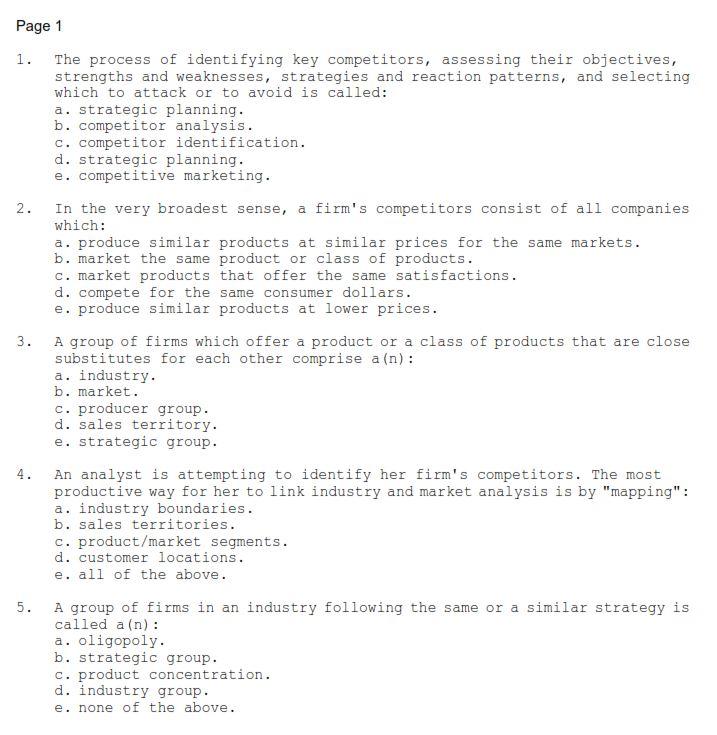 Solved Page 1 1. The process of identifying key competitors, | Chegg.com