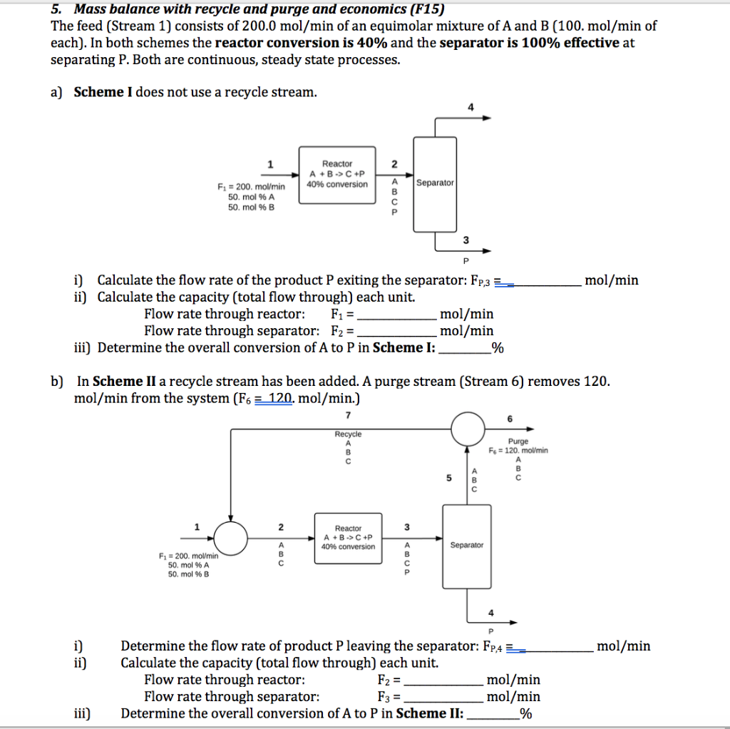 Solved 5. Mass balance with recycle and purge and economics | Chegg.com