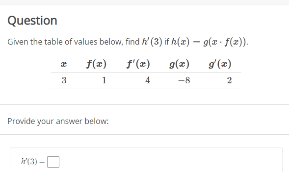 Solved Given the table of values below, find h′(3) if | Chegg.com