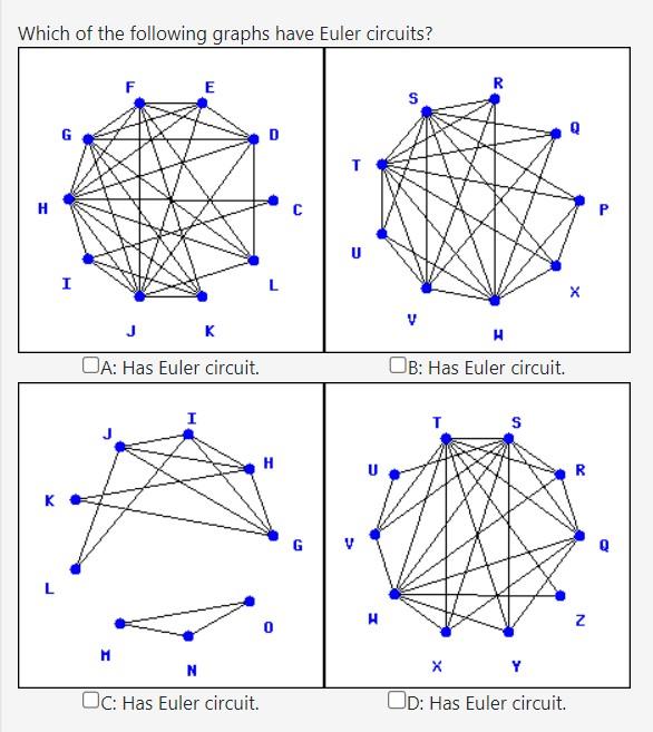 Solved Which of the following graphs have Euler circuits? A: | Chegg.com