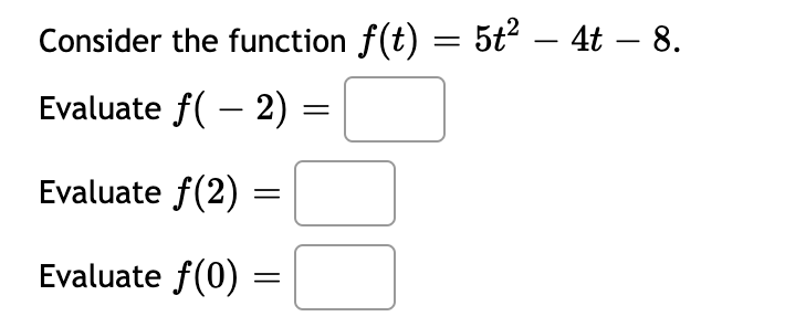 Solved Consider the function f(t)=5t2−4t−8. Evaluate f(−2)= | Chegg.com