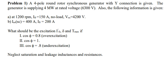 Solved Problem 1 A 4 Pole Round Rotor Synchronous Generator