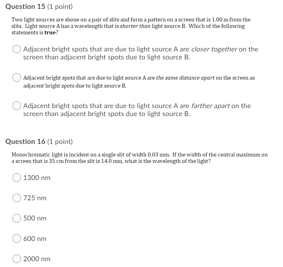 Solved Question 15 (1 point) Two light sources are shone on | Chegg.com