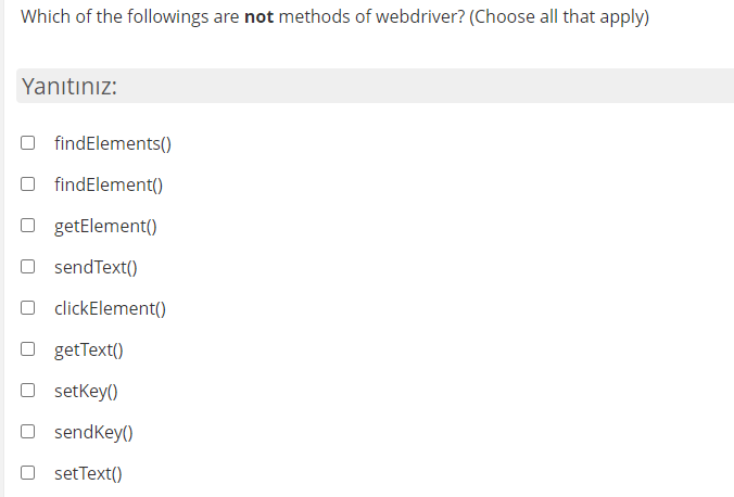 Solved Which of the followings are not methods of webdriver? | Chegg.com