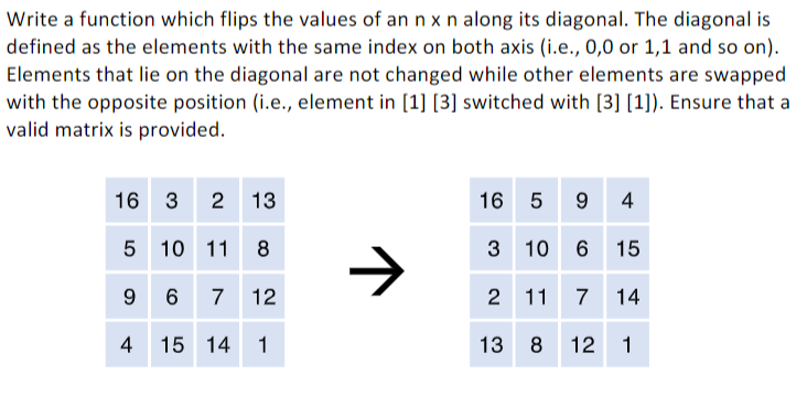 Solved Write a function which flips the values of an n x n | Chegg.com