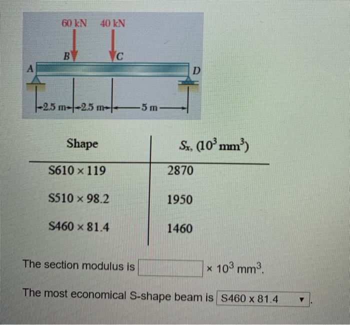 Solved 60 kN 40 kN 2.5m+2.5m+--5 m- Shape S610 x 119 S510 × | Chegg.com