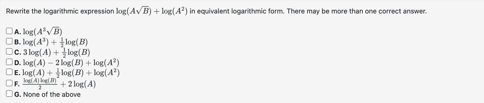 Solved Rewrite the logarithmic expression log(AB)+log(A2) in | Chegg.com