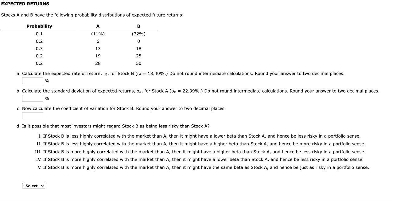 Solved EXPECTED RETURNS Stocks A and B have the following | Chegg.com