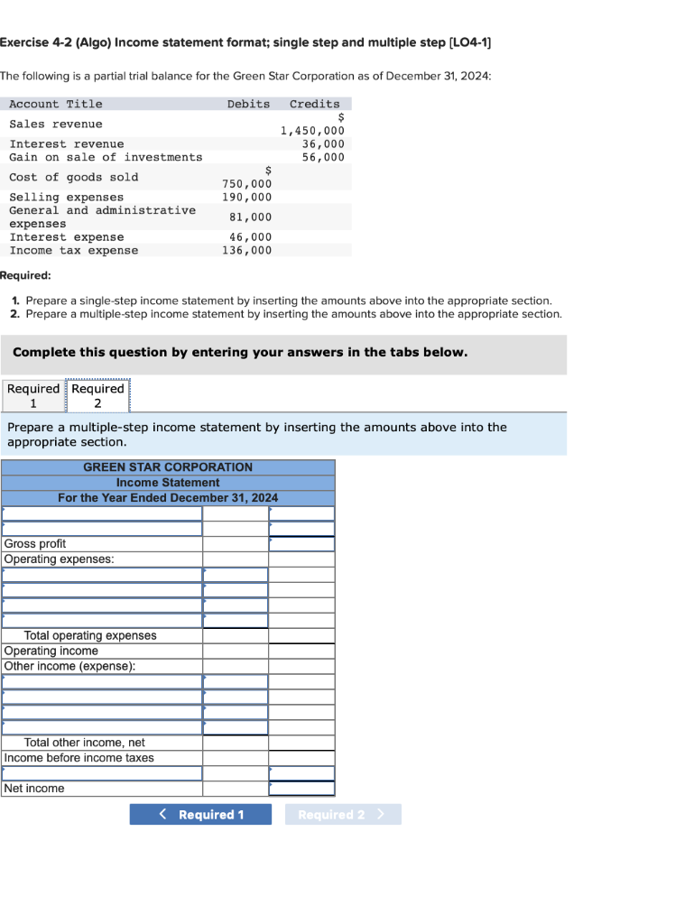 Solved Exercise 4-2 (Algo) Income statement format; single | Chegg.com