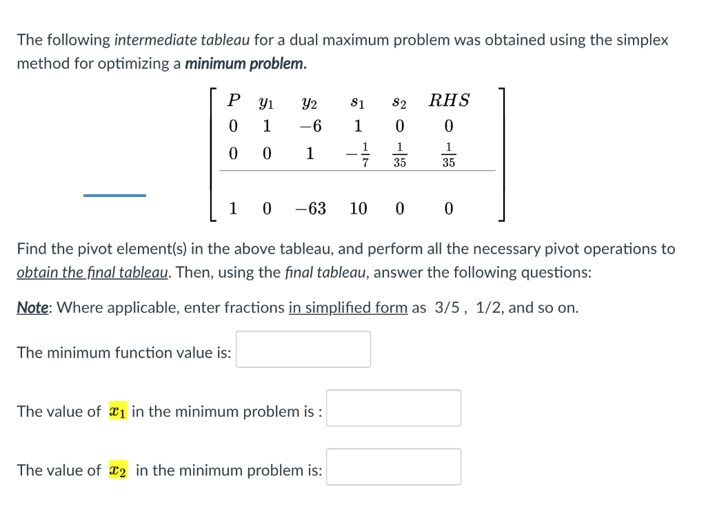 Solved The following intermediate tableau for a dual maximum | Chegg.com