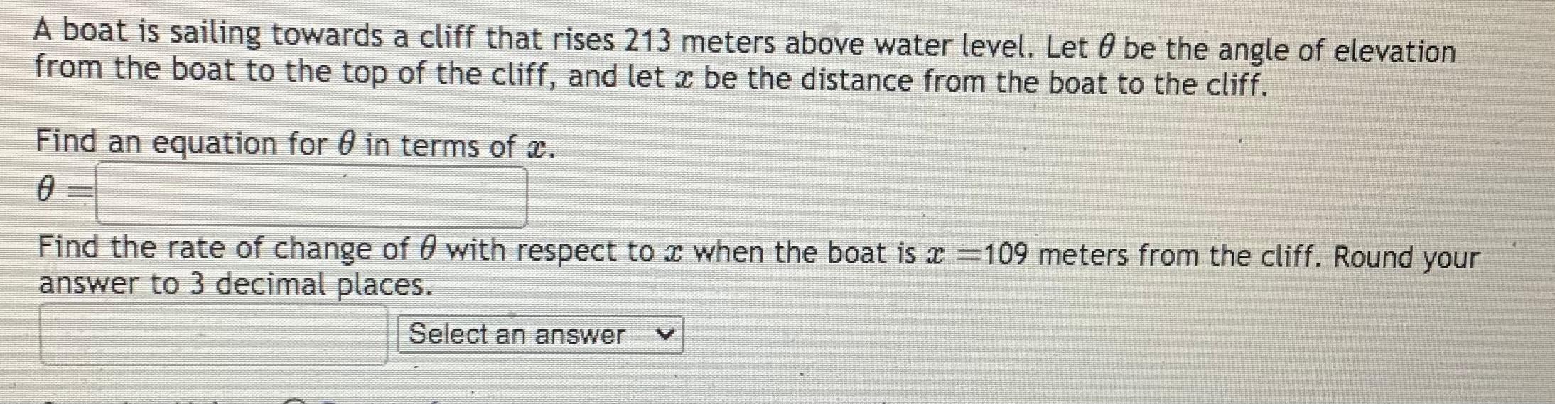 Solved A boat is sailing towards a cliff that rises 213 | Chegg.com