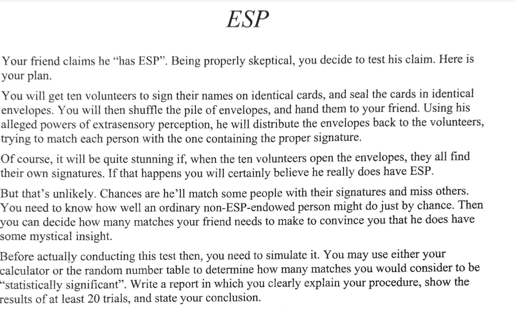 Your friend claims he "has ESP". Being properly | Chegg.com