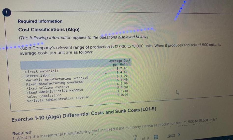 Solved ! Required information Cost Classifications (Algo) | Chegg.com