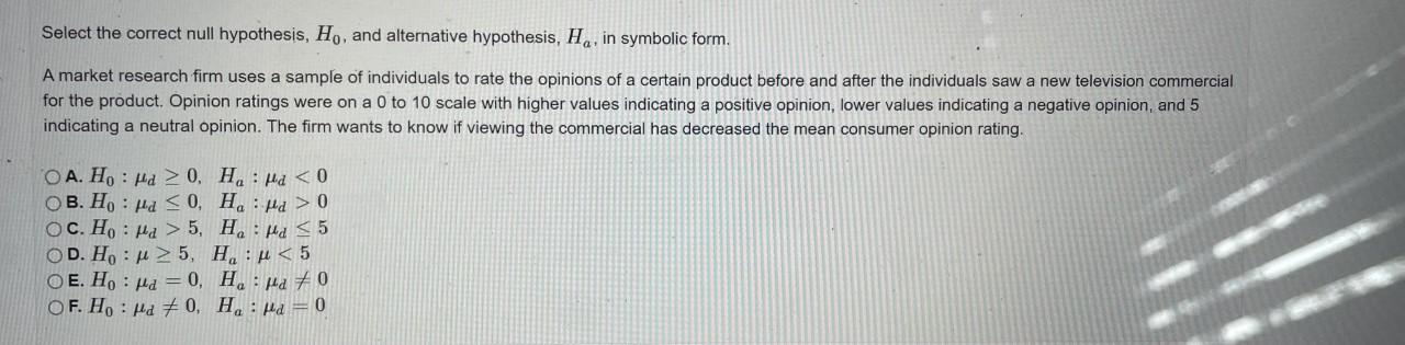 Solved Select the correct null hypothesis, H0, and | Chegg.com