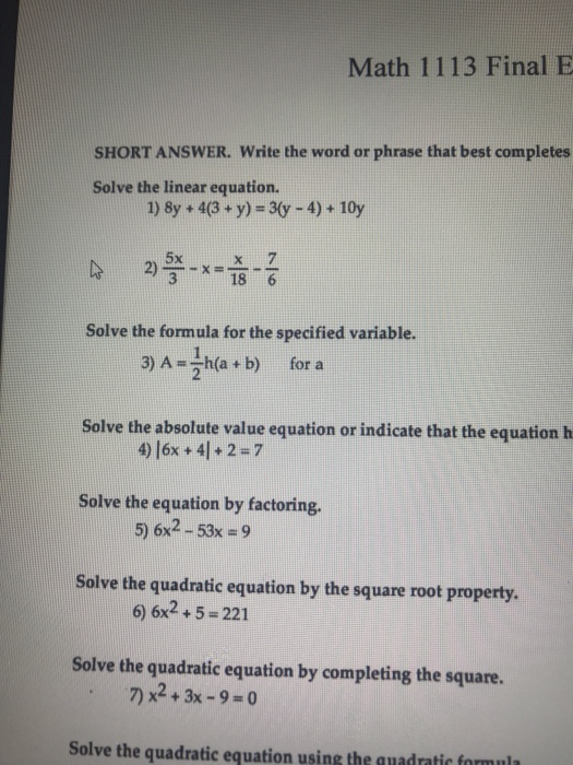 Solved Math 1113 Final E SHORT ANSWER. Write the word or | Chegg.com