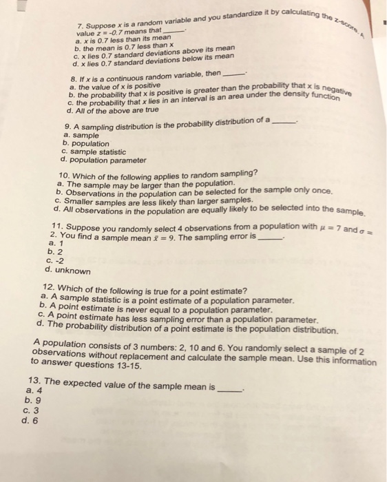 Solved 7.Suppose x is a random variable and you standardize | Chegg.com
