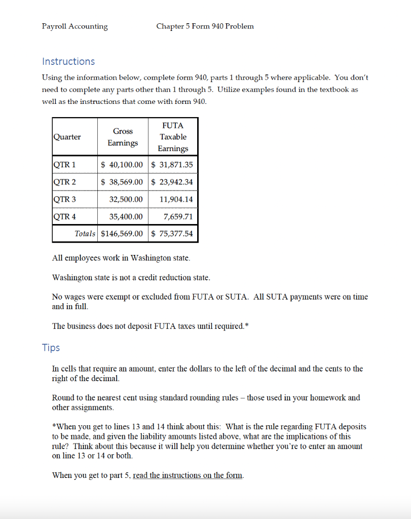 Payroll Accounting Chapter 5 Form 940 Problem | Chegg.com