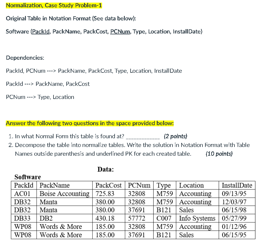 Solved Normalization, Case Study Problem-1 Original Table in | Chegg.com