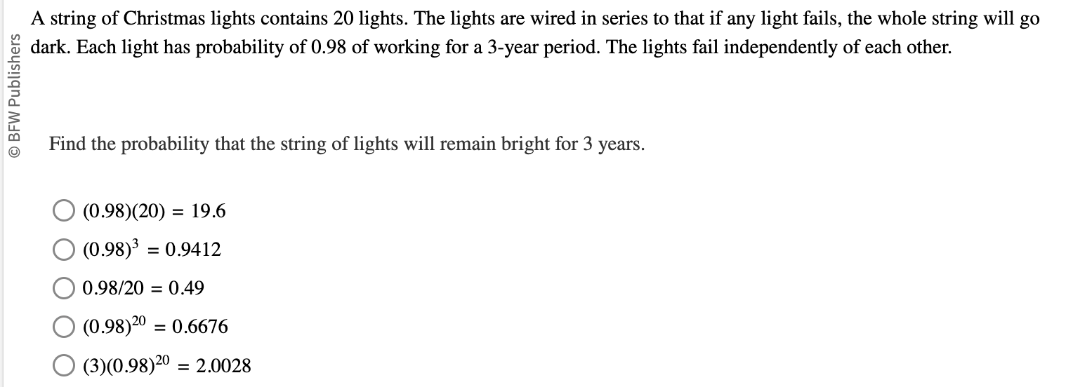 Solved A string of Christmas lights contains 20 ﻿lights. The | Chegg.com