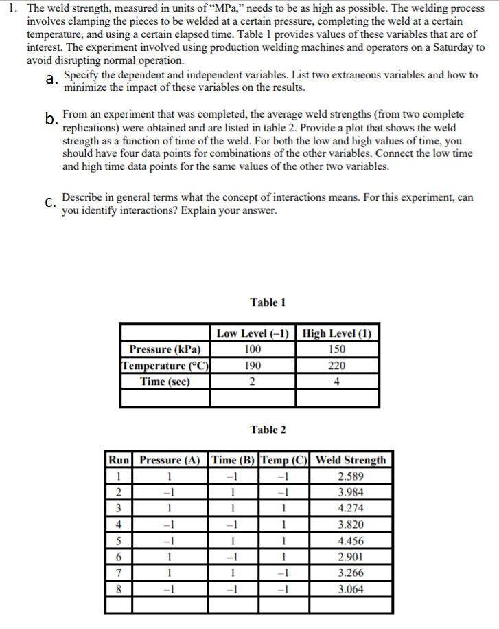 1. The weld strength, measured in units of "MPa," | Chegg.com