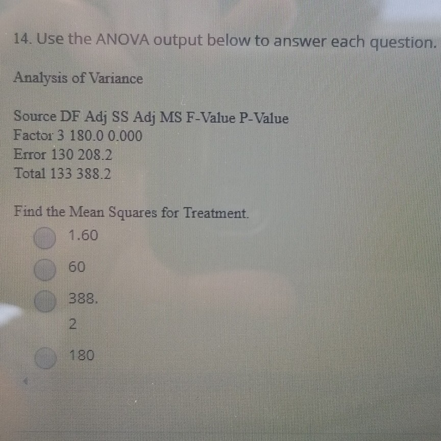 Solved 14. Use the ANOVA output below to answer each | Chegg.com