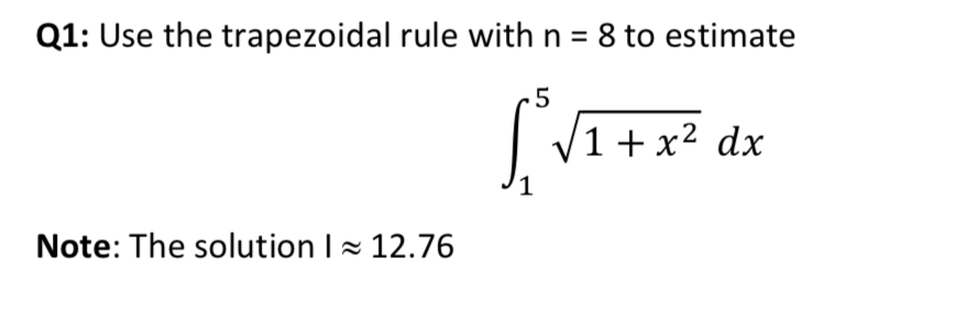 Solved Q1: Use the trapezoidal rule with n = 8 to estimate | Chegg.com