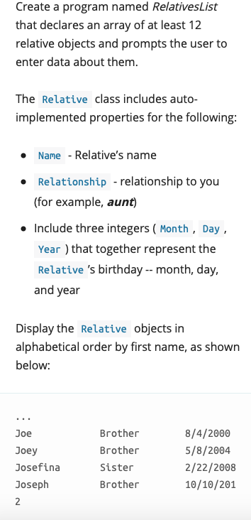 Solved Create A Program Named Relativeslist That Declares An