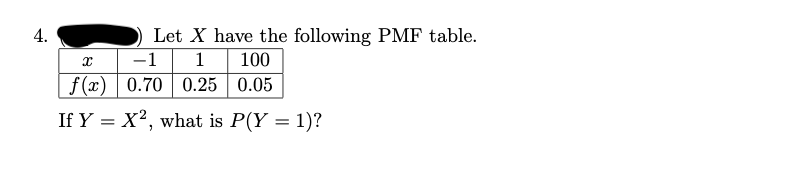 Solved Let X have the following PMF table. If Y=X2, what is | Chegg.com