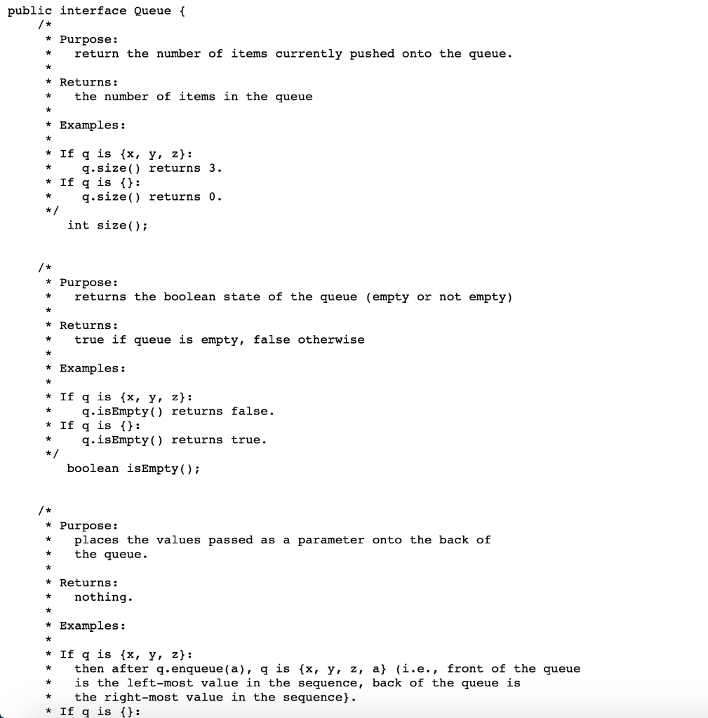 Solved public interface Queue { * Purpose: return the number | Chegg.com
