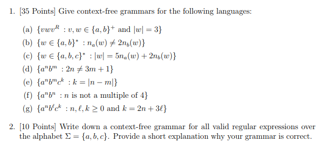 Solved 1. [35 Points] Give context-free grammars for the | Chegg.com