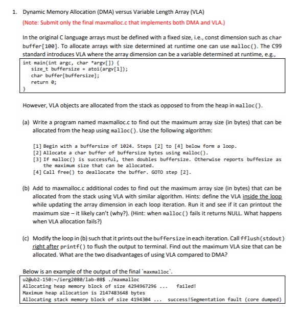 1. Dynamic Memory Allocation (DMA) versus Variable | Chegg.com