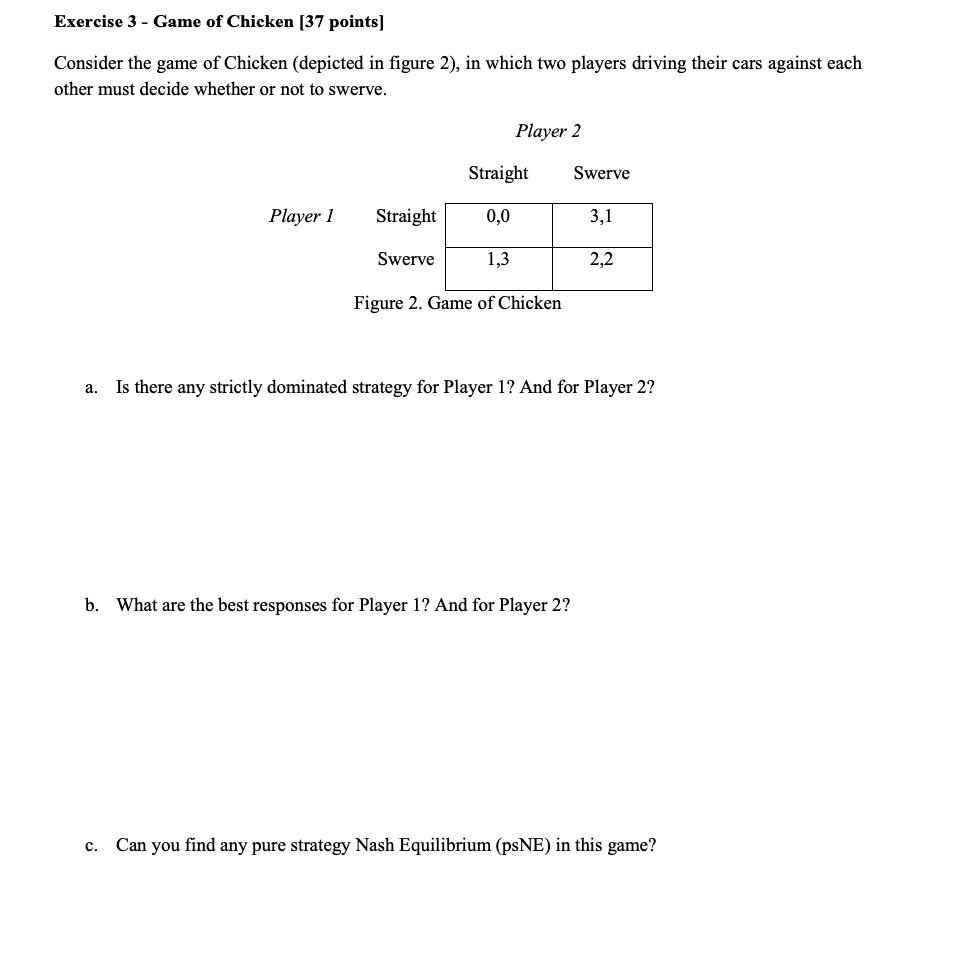Solved Exercise 3 - Game of Chicken (37 points) Consider the | Chegg.com