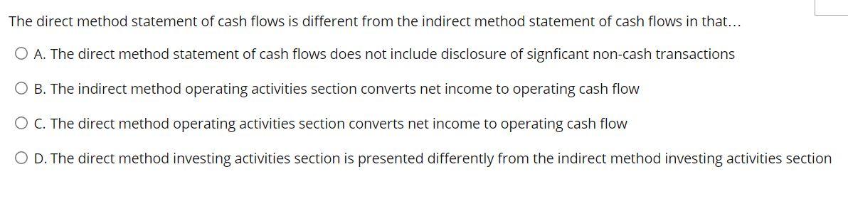 Solved The direct method statement of cash flows is | Chegg.com