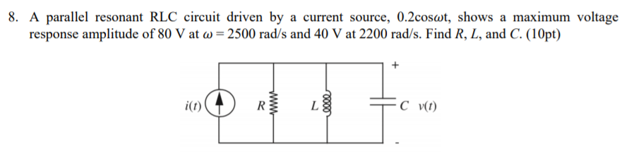 Solved 8. A parallel resonant RLC circuit driven by a | Chegg.com