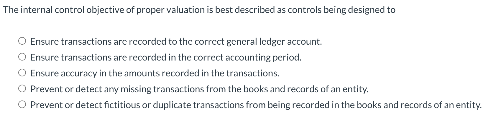 Solved The Internal Control Objective Of Proper Valuation Is