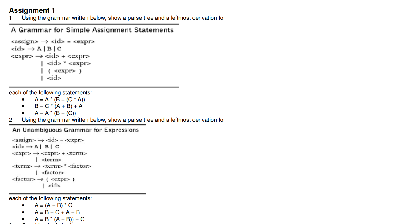 Solved Assignment 1 1. Using the grammar written below, show | Chegg.com