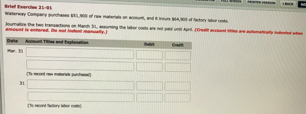 Solved FULL SCREEN PRINTER VERSION BACK NE Brief Exercise | Chegg.com