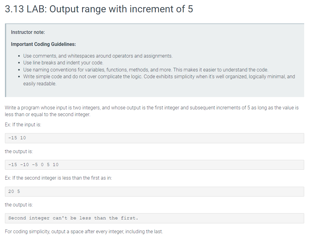 Solved 313 Lab Output Range With Increment Of 5 Instructor 