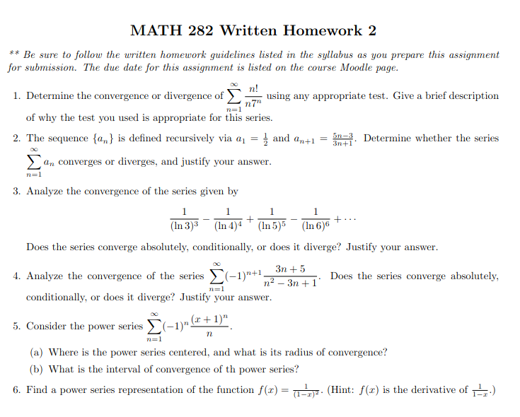 Solved MATH 282 Written Homework 2 ** Be sure to follow the | Chegg.com