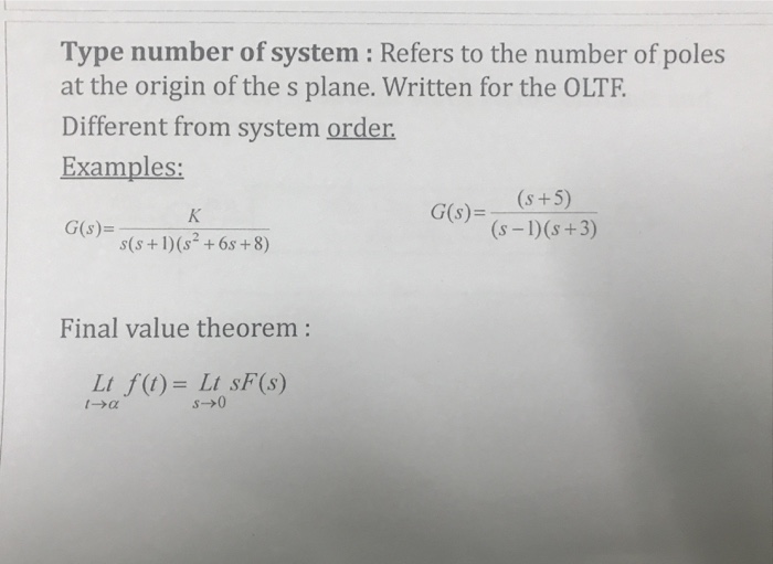 Solved Type number of system : Refers to the number of poles | Chegg.com