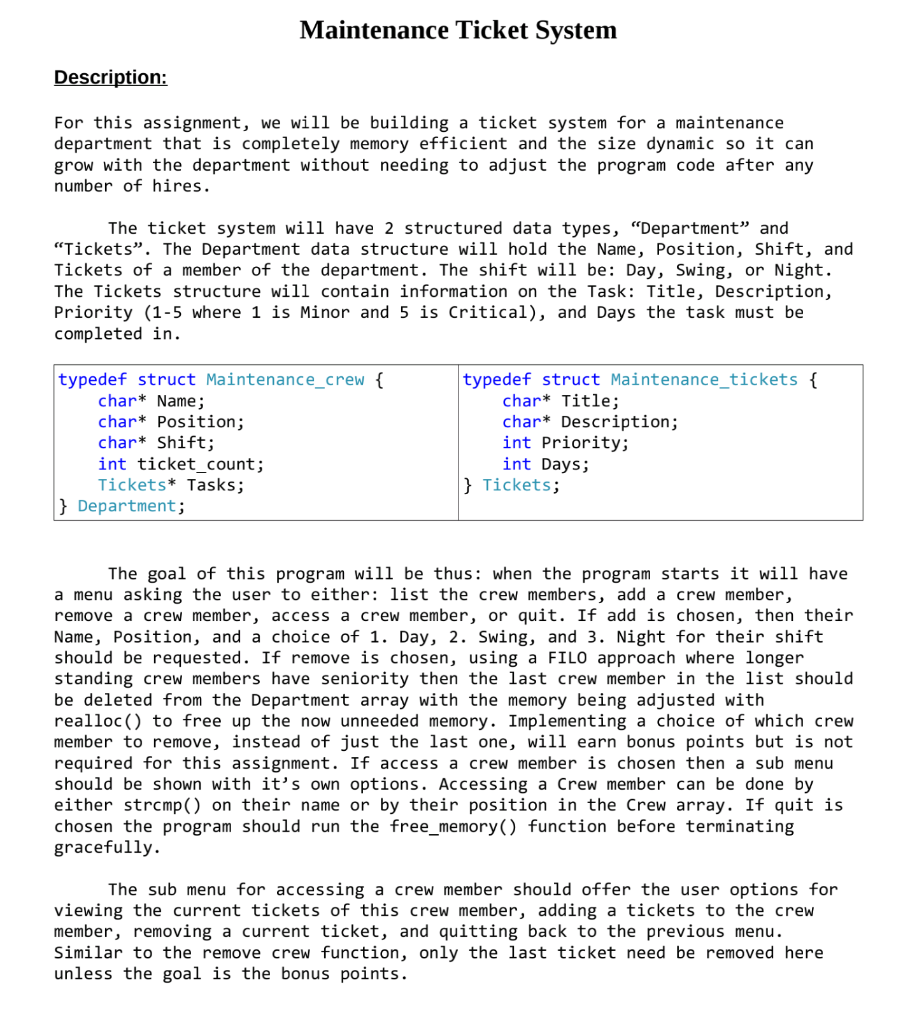 Maintenance Ticket System Description: For this | Chegg.com