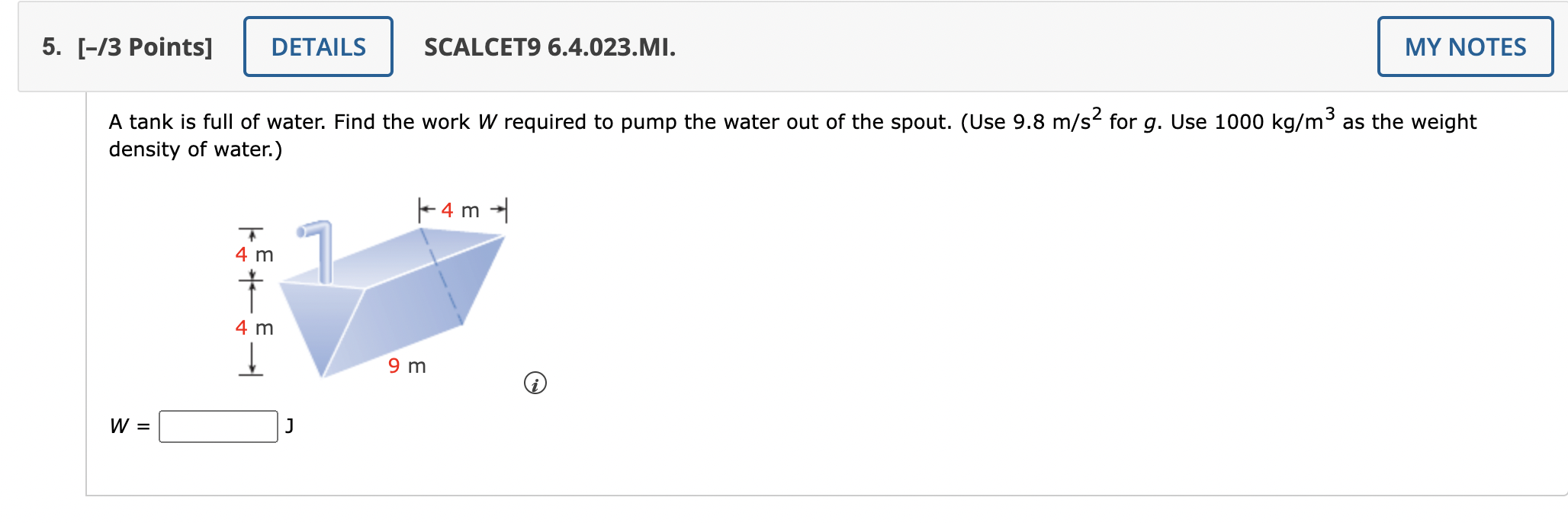 Solved A tank is full of water. Find the work W required to | Chegg.com