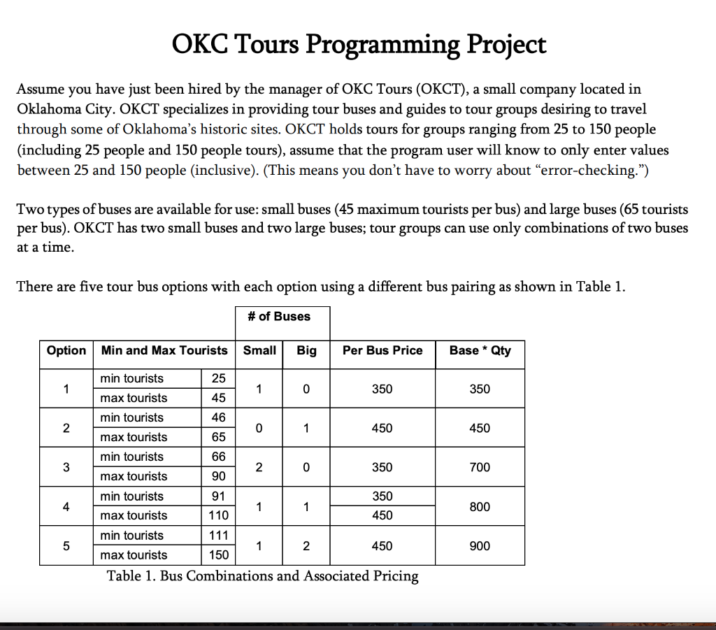 Solved OKC Tours Programming Project Assume you have just | Chegg.com