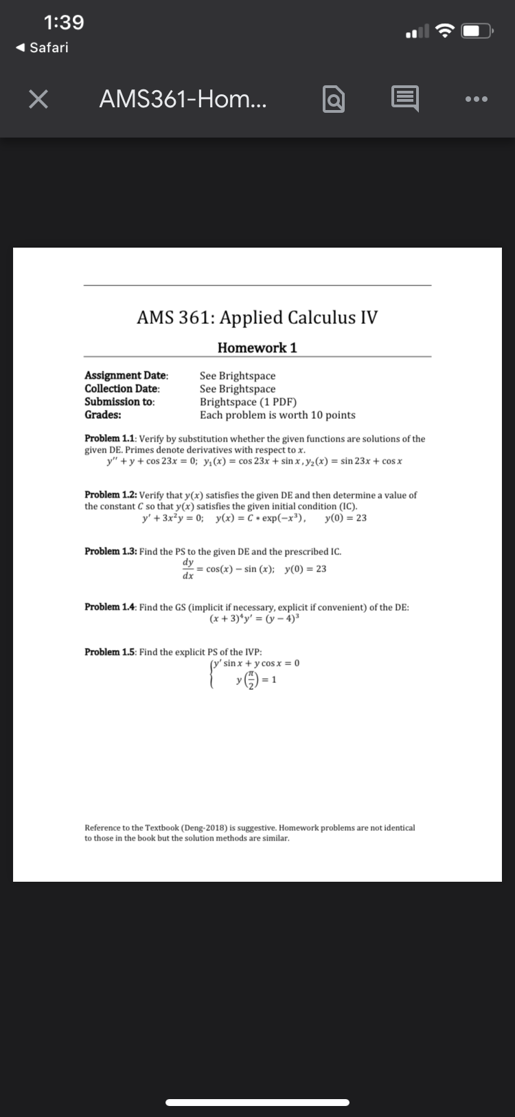 Solved AMS 361: Applied Calculus IV Homework 1 Problem 1.1: | Chegg.com