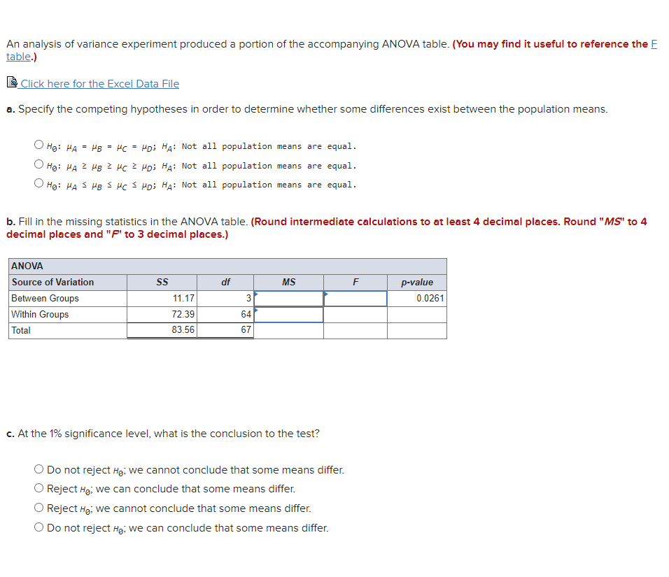 Solved An analysis of variance experiment produced a portion | Chegg.com