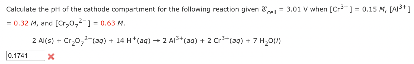 Solved Calculate the pH of the cathode compartment for the | Chegg.com