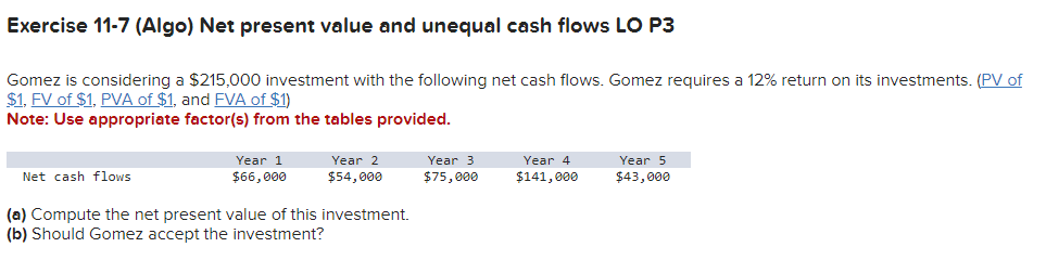 Solved Exercise 11-7 (Algo) Net present value and unequal | Chegg.com