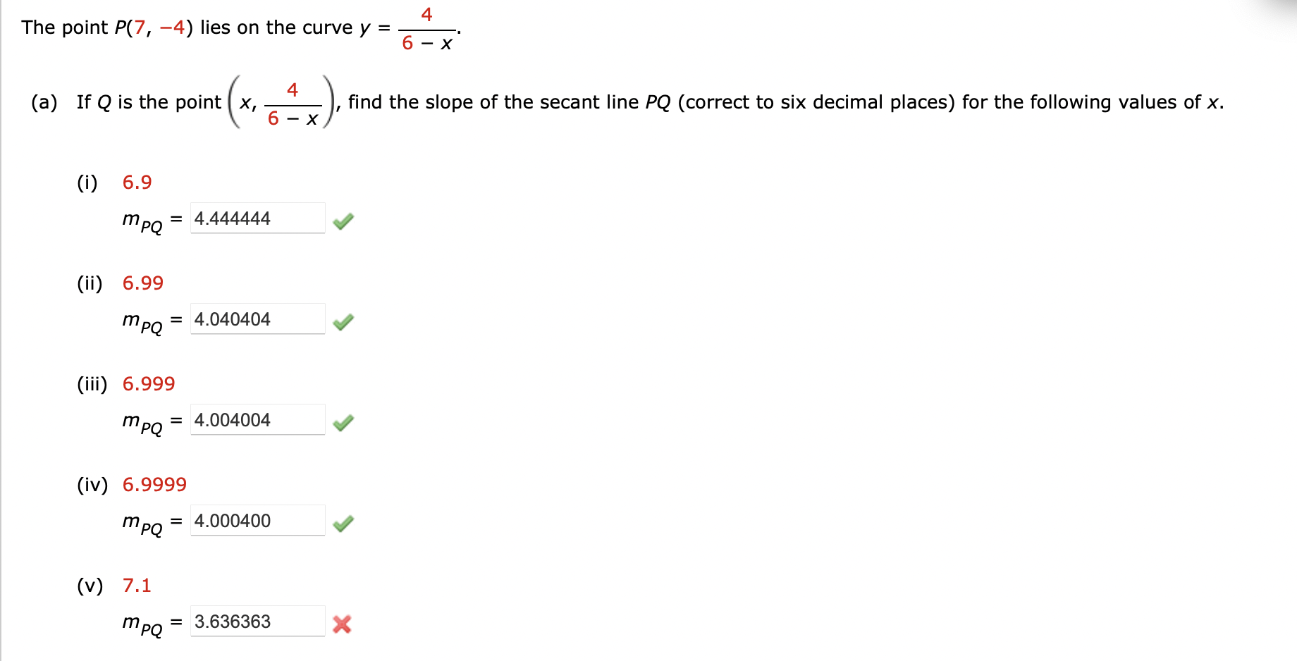 Solved The point P(7,−4) lies on the curve y=6−x4. (a) If Q | Chegg.com